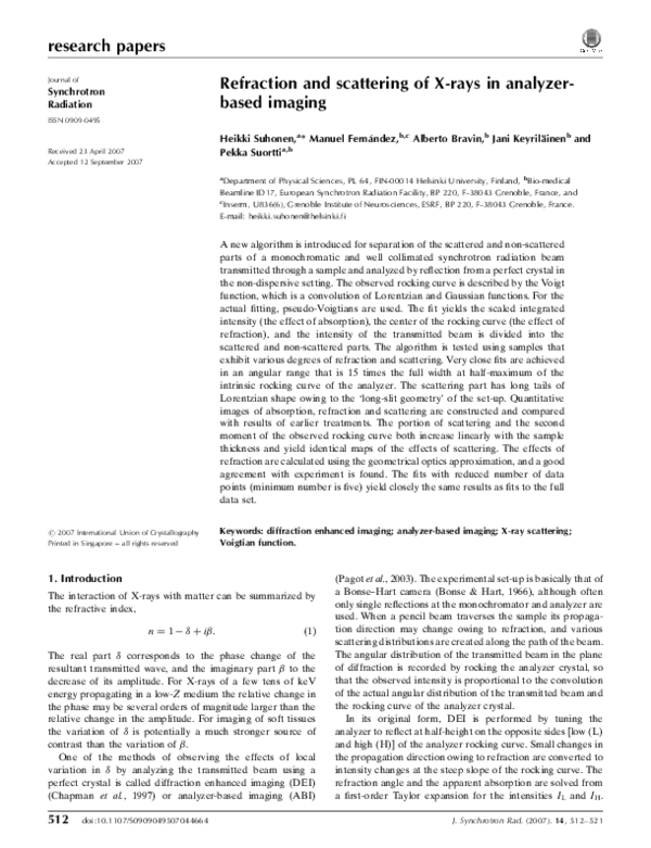 (PDF) Refraction and scattering of X-rays in analyzer-based imaging