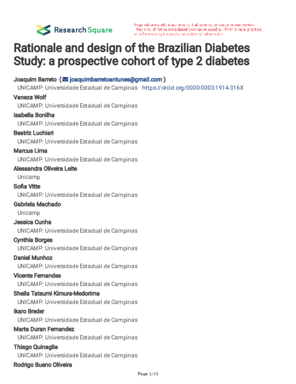 (PDF) Rationale and design of the Brazilian Diabetes Study: a ...