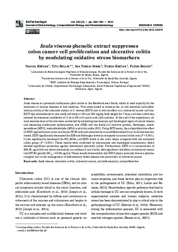 (PDF) Inula viscosa phenolic extract suppresses colon cancer cell ...