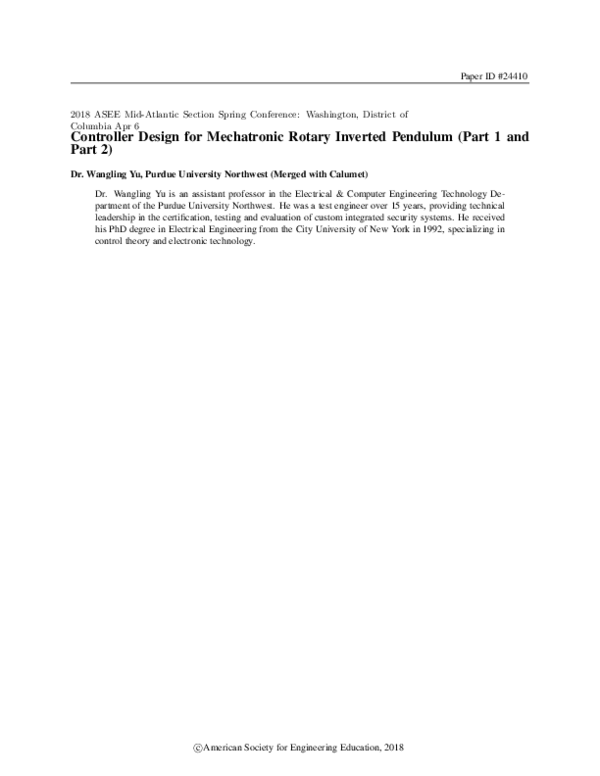 (PDF) Controller Design for Mechatronic Rotary Inverted Pendulum (Part 1 and Part 2)