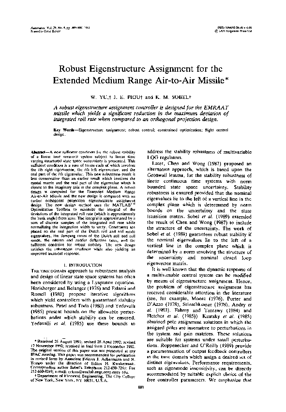 Pdf Robust Eigenstructure Assignment For The Extended Medium Range Air To Air Missile