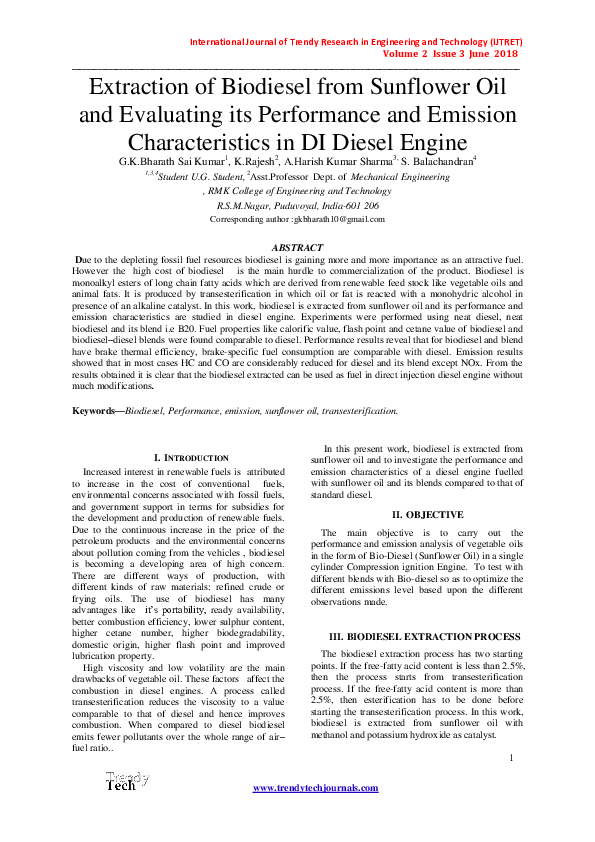 (PDF) Extraction of Biodiesel from Sunflower Oil and Evaluating its ...