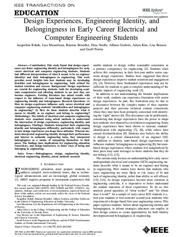 (PDF) Design Experiences, Engineering Identity, and Belongingness in Early Career Electrical and ...