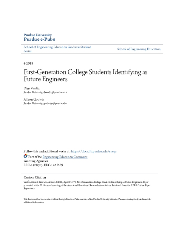 (PDF) First-Generation College Students Identifying as Future Engineers