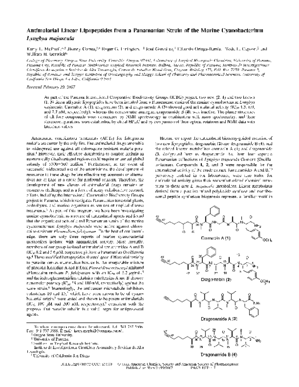 (PDF) Antimalarial Linear Lipopeptides from a Panamanian Strain of the ...