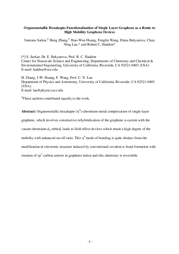 (PDF) Organometallic Hexahapto Functionalization of Single Layer Graphene as a Route to High ...