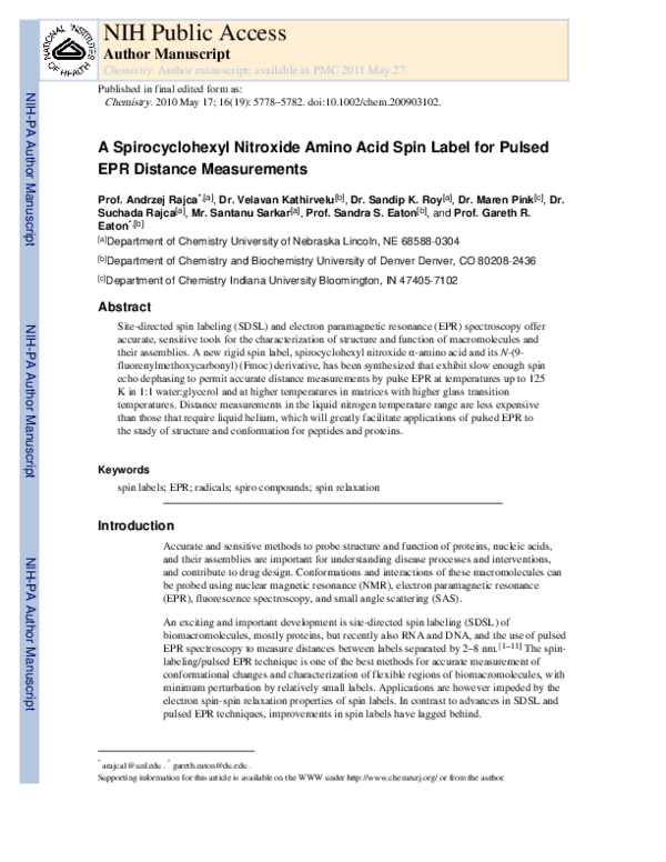 (PDF) A Spirocyclohexyl Nitroxide Amino Acid Spin Label for Pulsed EPR ...