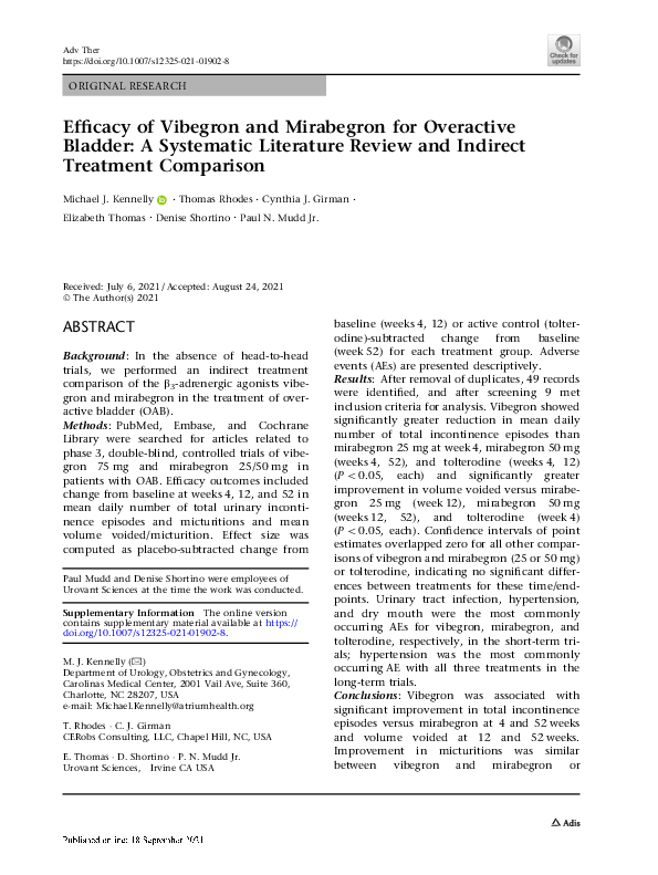 Pdf Efficacy Of Vibegron And Mirabegron For Overactive Bladder A