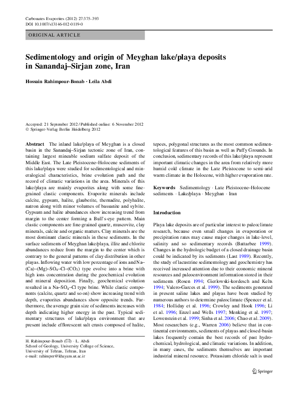 (PDF) Sedimentology and origin of Meyghan lake/playa deposits in ...