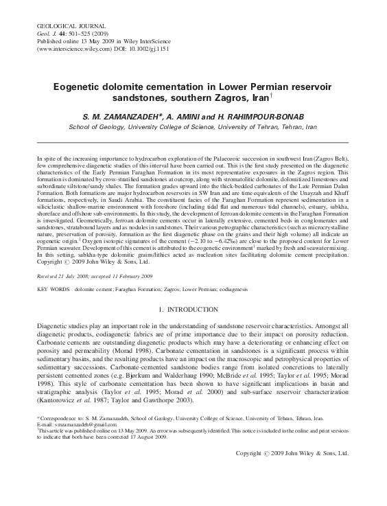 Eogenetic dolomite cementation in lower Permian reservoir sandstones ...