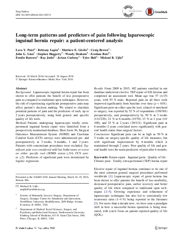 (PDF) Predictors of Pain After Laparoscopic Hernia Repair