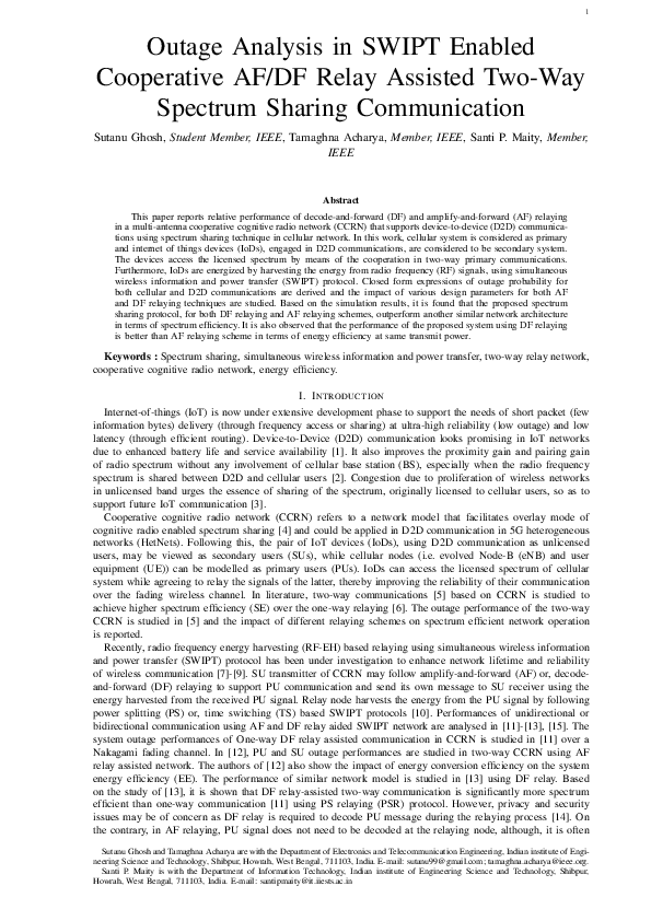 Pdf Outage Analysis In Swipt Enabled Cooperative Af Df Relay Assisted