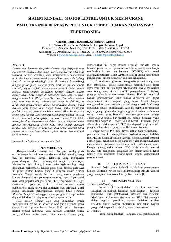 (PDF) Sistem Kendali Motor Listrik Untuk Mesin Crane Pada Trainer ... (PDF) Sistem Kendali Motor Listrik Untuk Mesin Crane Pada Trainer ...