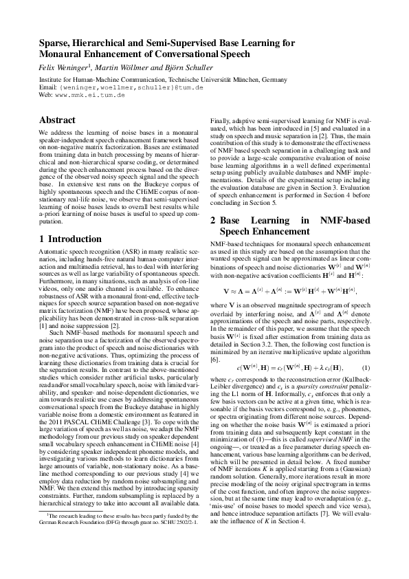 Sparse Hierarchical And Semi Supervised Base Learning For Monaural Enhancement Of