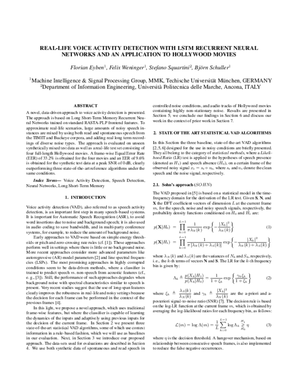 Pdf Real Life Voice Activity Detection With Lstm Recurrent Neural Networks And An Application