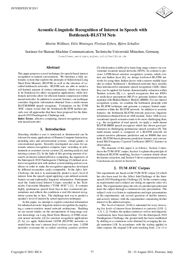 Pdf Acoustic Linguistic Recognition Of Interest In Speech With