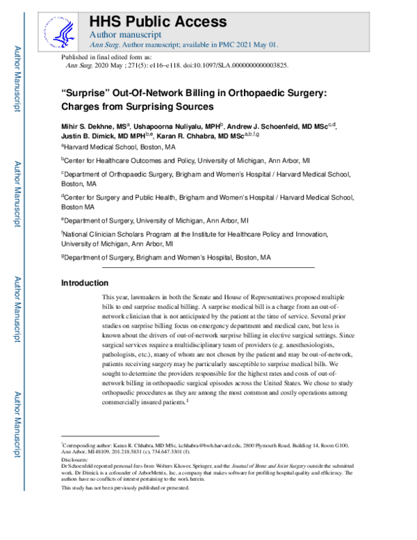 (PDF) “Surprise” Out-of-network Billing in Orthopedic Surgery