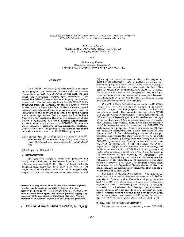 (PDF) Analysis of the context dependency of CODASYL find-statements with application to a ...