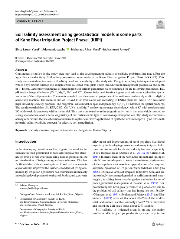 (PDF) Soil salinity assessment using geostatistical models in some parts of Kano River ...