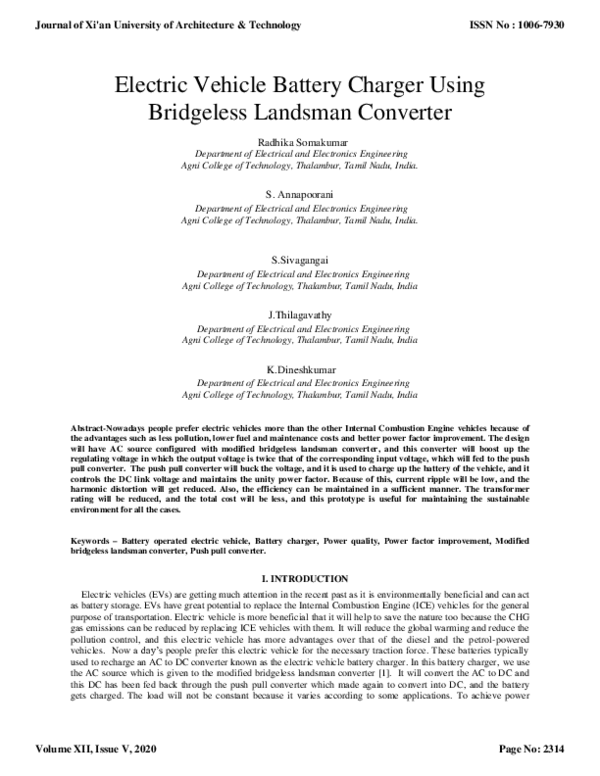 (PDF) Electric Vehicle Battery Charger Using Bridgeless Landsman Converter