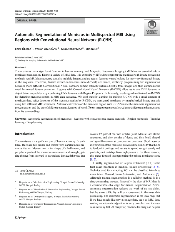 (PDF) Automatic Segmentation of Meniscus in Multispectral MRI Using Regions with Convolutional ...