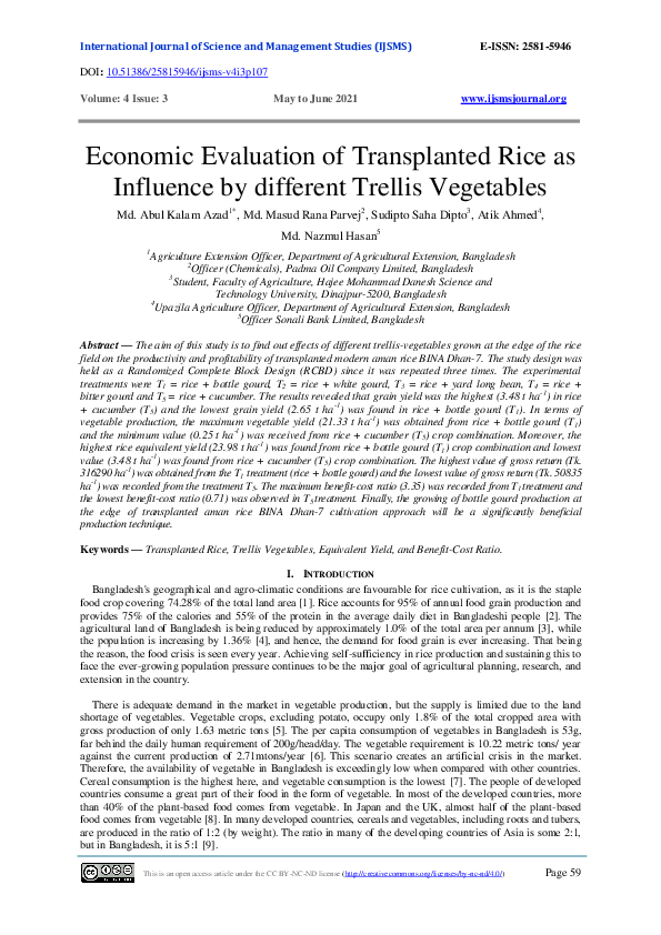 (PDF) Economic Evaluation of Transplanted Rice as Influence by ...