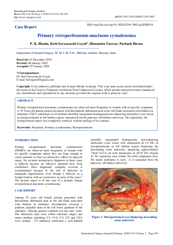 (PDF) Primary retroperitoneum mucinous cystadenoma