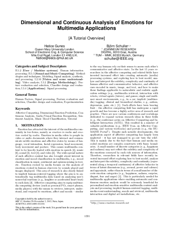 (PDF) Dimensional and continuous analysis of emotions for multimedia applications