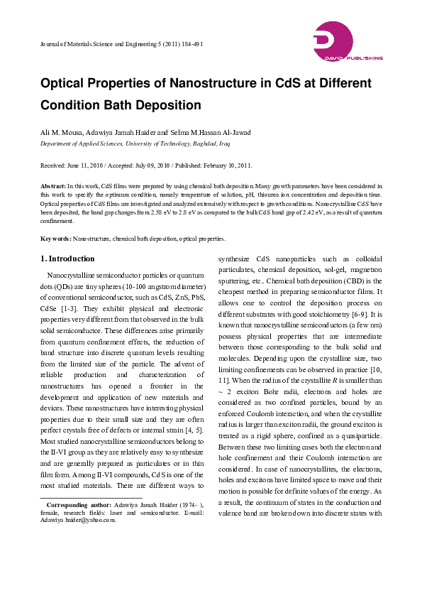 (PDF) Optical Properties of Nanostructure in CdS at Different Condition ...