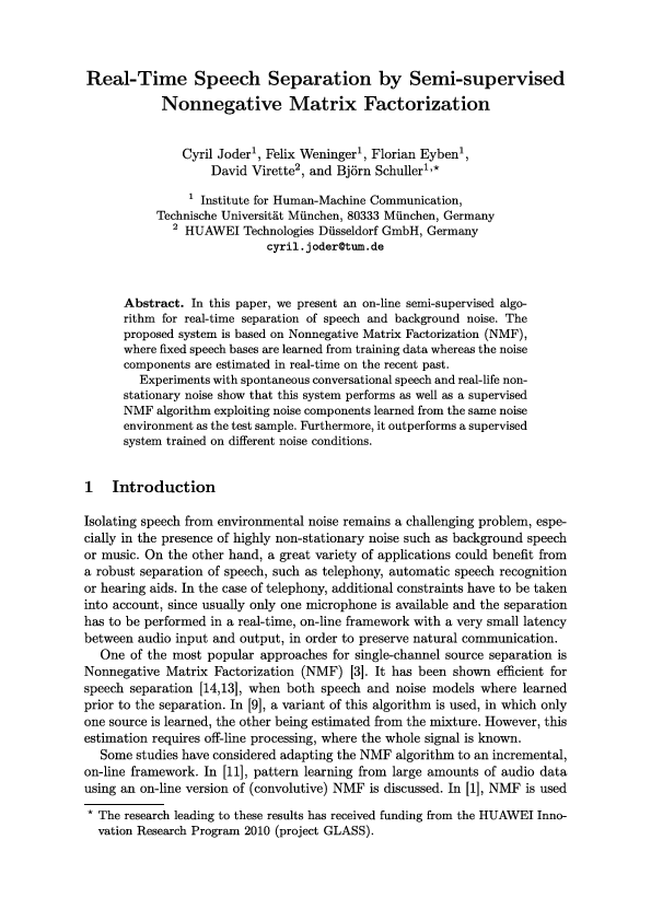 Pdf Real Time Speech Separation By Semi Supervised Nonnegative Matrix