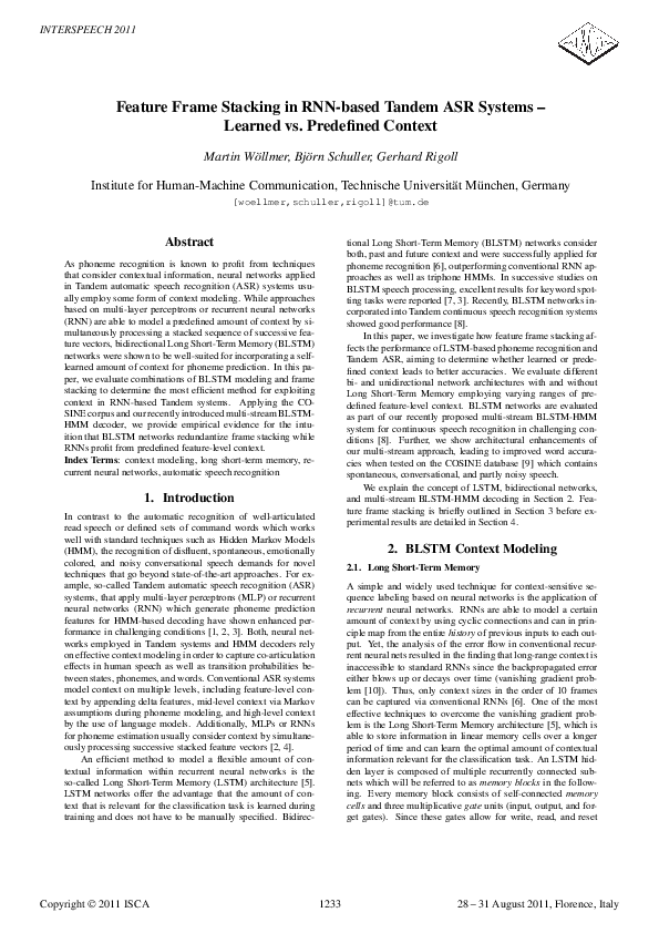 Pdf Feature Frame Stacking In Rnn Based Tandem Asr Systems Learned