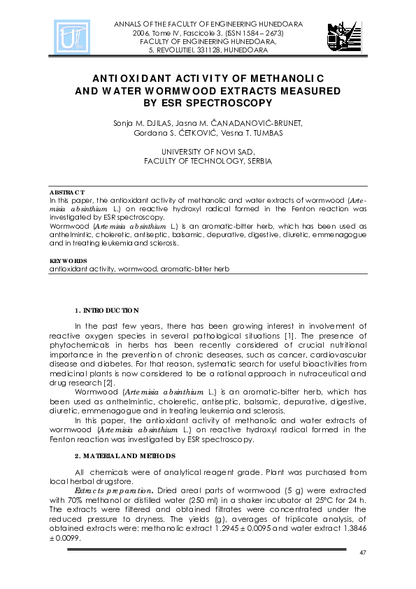 Pdf Antioxidant Activity Of Methanolic And Water Wormwood Extracts