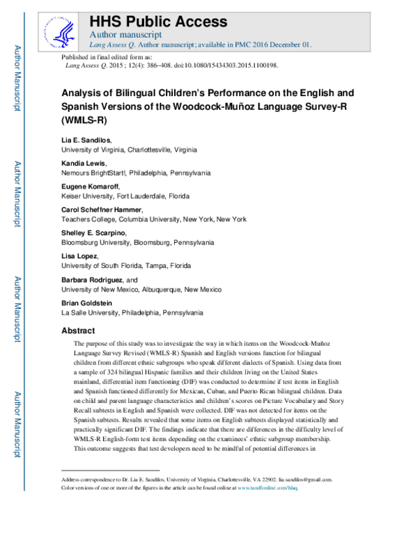 (PDF) Analysis of Bilingual Children’s Performance on the English and ...