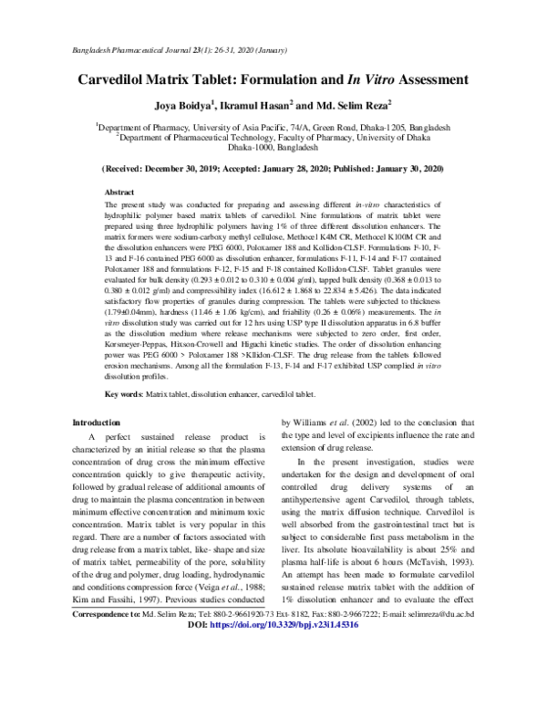 (PDF) Carvedilol Matrix Tablet: Formulation and In Vitro Assessment