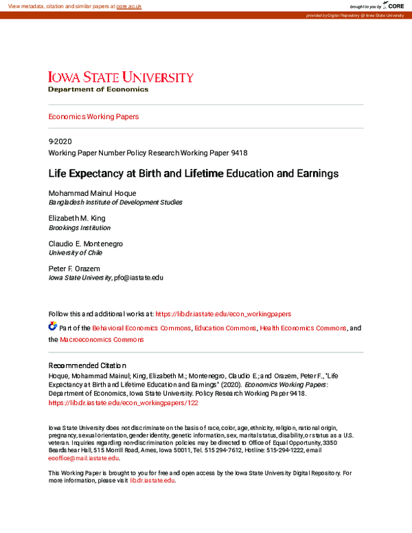 (PDF) Life Expectancy at Birth and Lifetime Education and Earnings