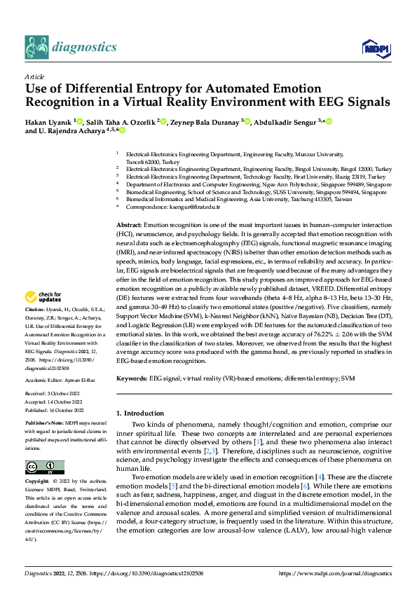 (PDF) Use of Differential Entropy for Automated Emotion Recognition in a Virtual Reality ...