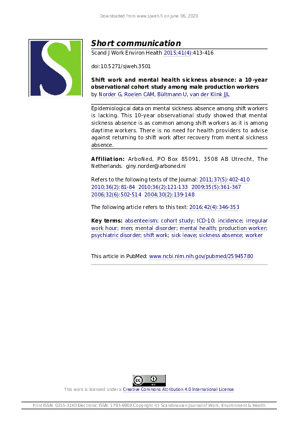 (PDF) Shift work and mental health sickness absence: a 10-year observational cohort study among ...