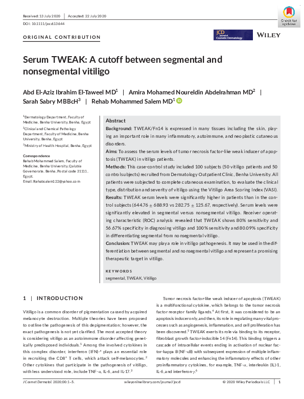 (PDF) Serum TWEAK: A cutoff between segmental and nonsegmental vitiligo