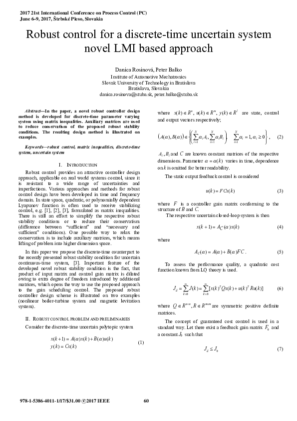 Pdf Robust Control For A Discrete Time Uncertain System Novel Lmi
