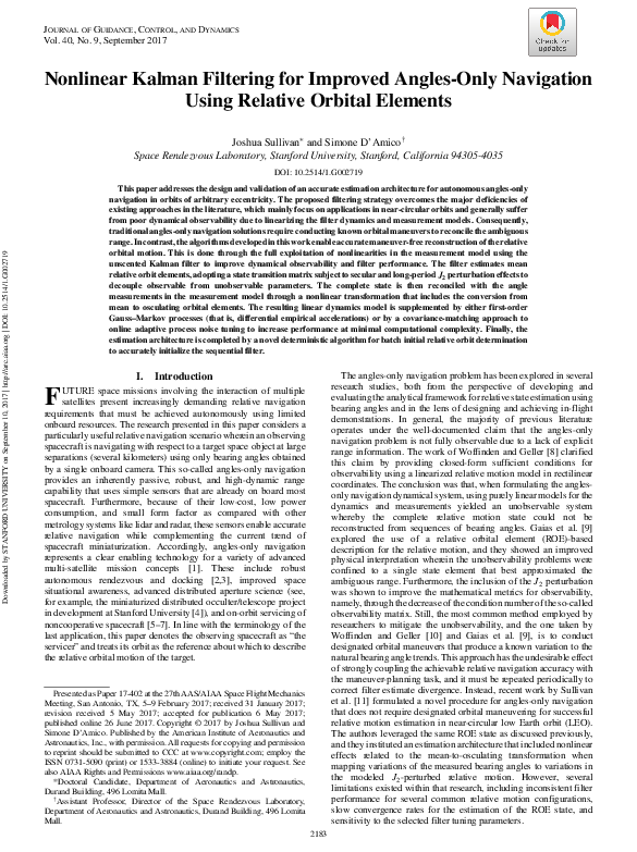 Pdf Nonlinear Kalman Filtering For Improved Angles Only Navigation Using Relative Orbital Elements