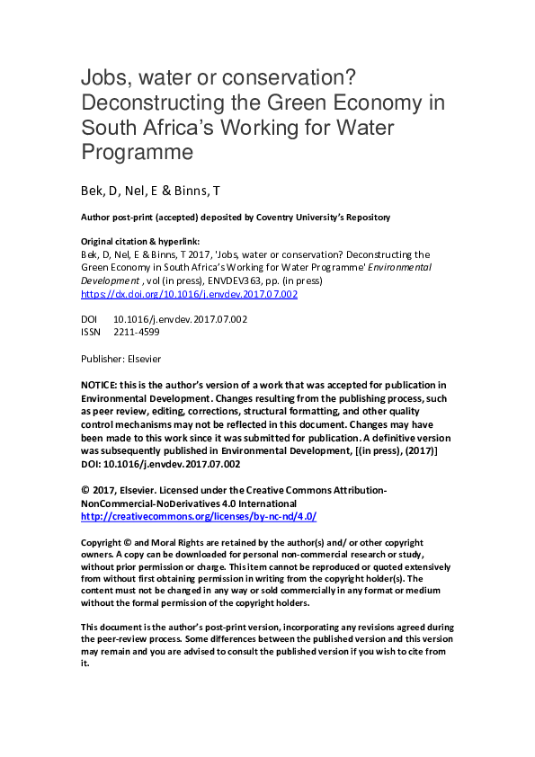 (PDF) Jobs, water or conservation? Deconstructing the Green Economy in ...