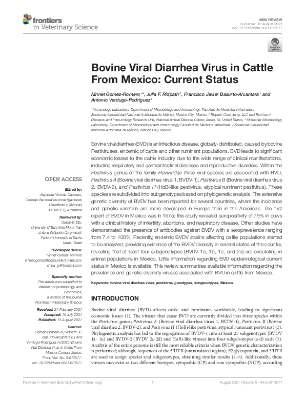 (PDF) Bovine Viral Diarrhea Virus in Cattle From Mexico: Current Status