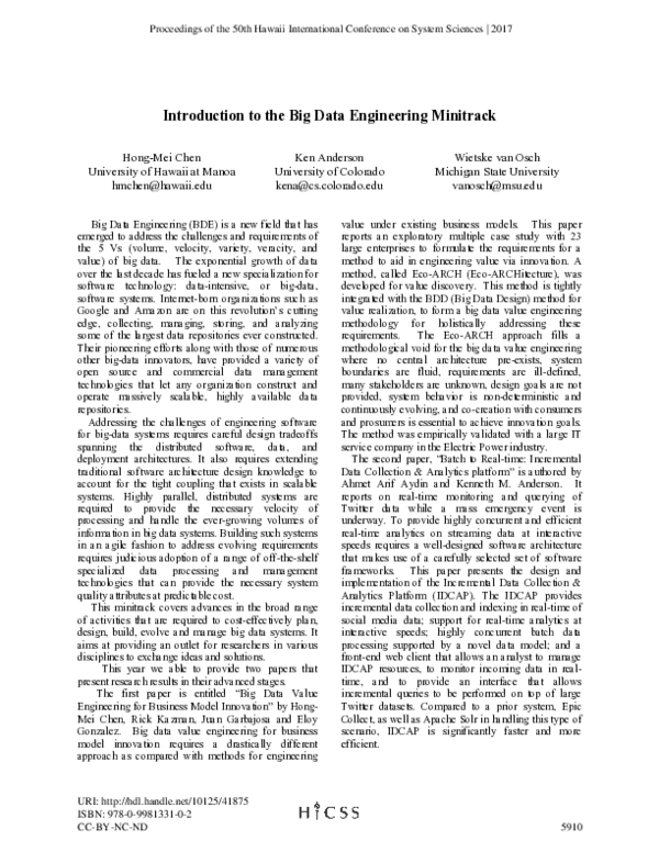 (PDF) Introduction to the Big Data Engineering Minitrack