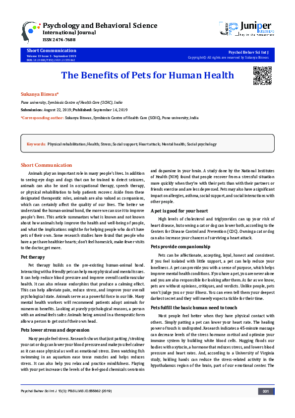 (PDF) The Benefits of Pets for Human Health