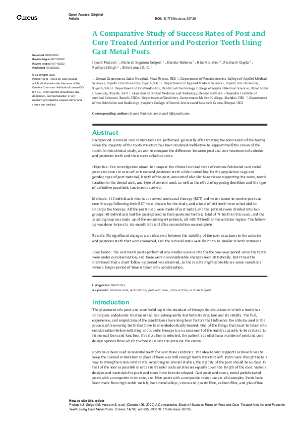 (PDF) A Comparative Study of Success Rates of Post and Core Treated ...