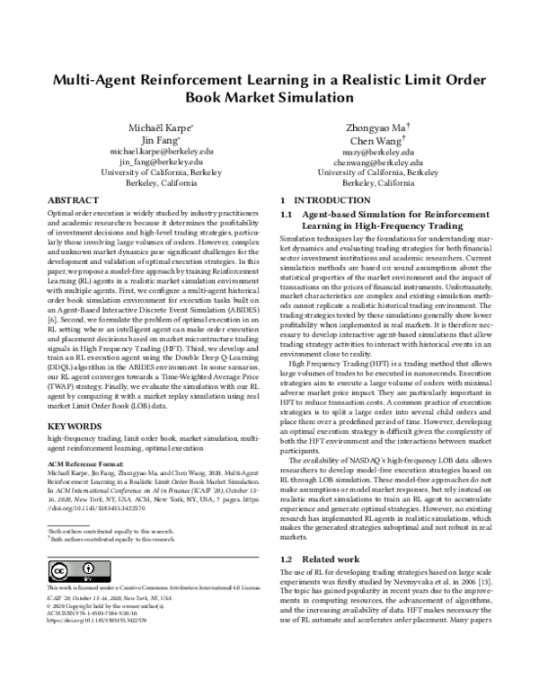 (PDF) Multi-agent reinforcement learning in a realistic limit order ...