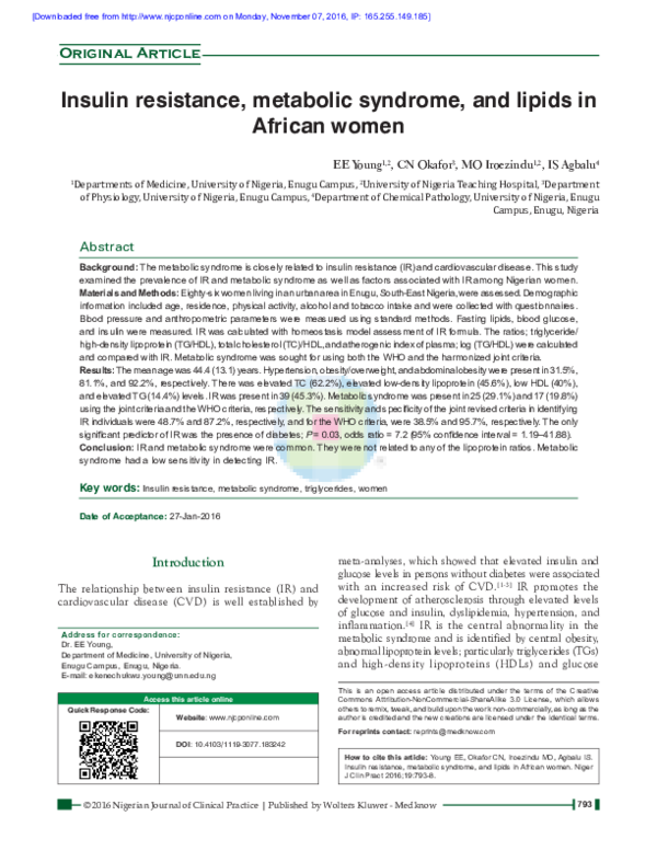 Pdf Insulin Resistance Metabolic Syndrome And Lipids In African Women