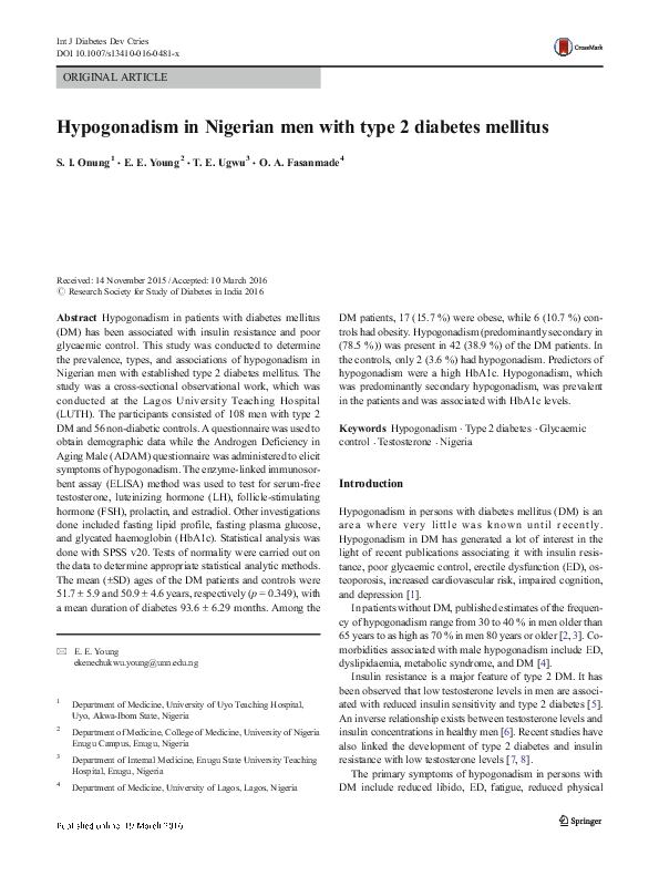 (PDF) Hypogonadism in Nigerian men with type 2 diabetes mellitus