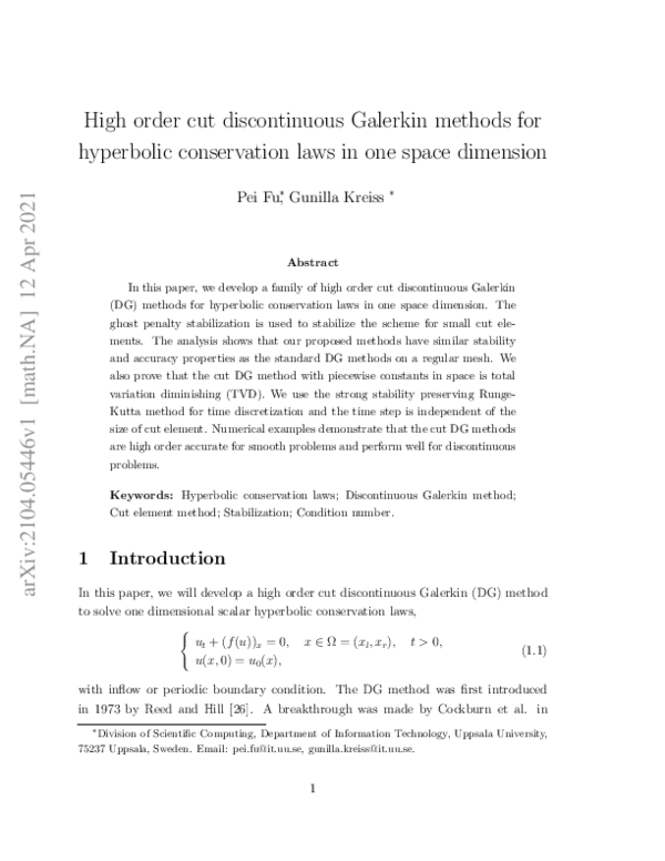 (PDF) High Order Cut Discontinuous Galerkin Methods for Hyperbolic Conservation Laws in One ...