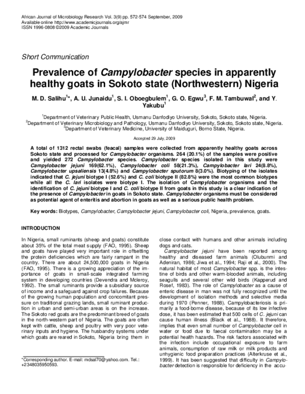 (PDF) Prevalence of Campylobacter species in apparently healthy goats ...